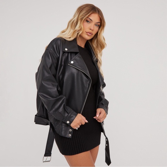 EGO | Jackets & Coats | Oversized Zip Detail Leather Biker Jacket ...